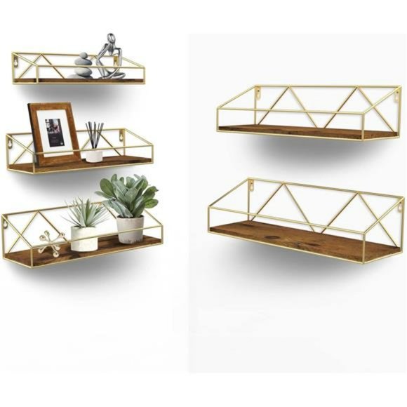 Wall Decor | Wood Floating Shelves For Wall Decor Set Of 5 Gold Mounted ...